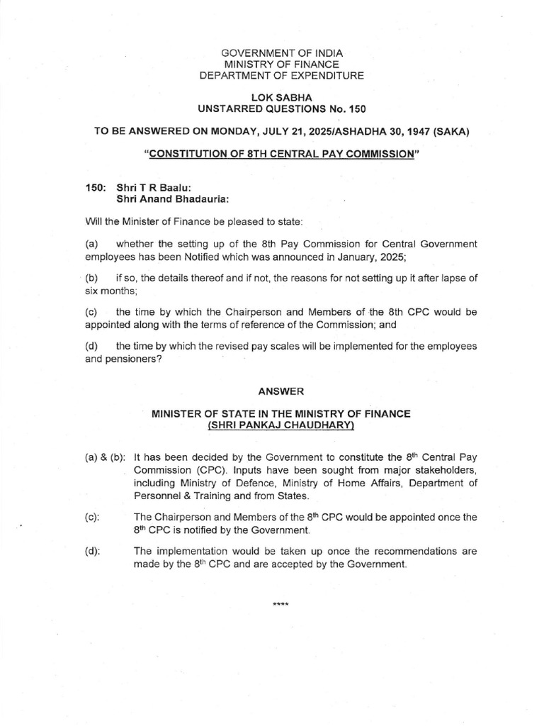 Constitution of 8th Central Pay Commission | PDF