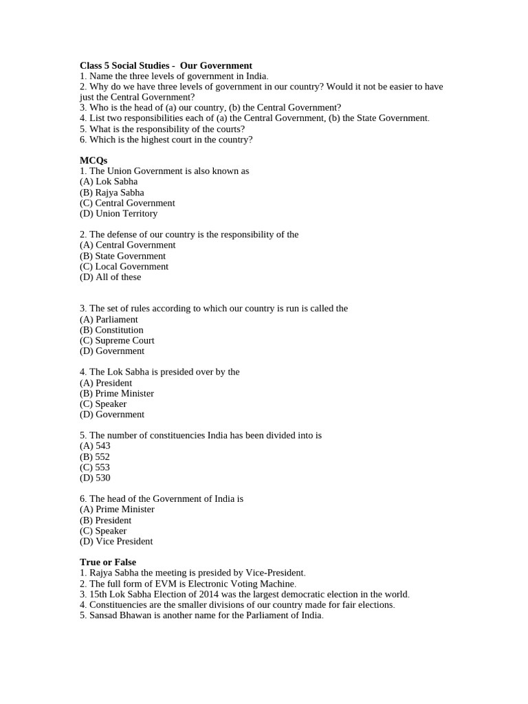 Class 5 Worksheet: Our Government | PDF