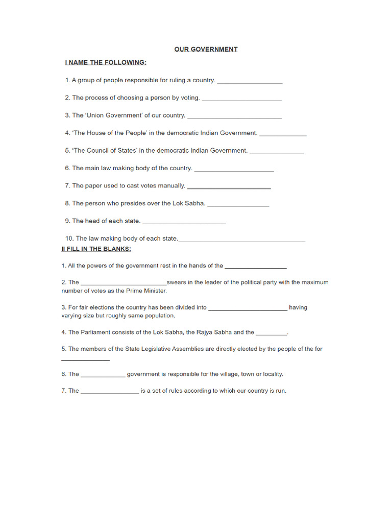Our Government Class 5 Worksheet | PDF
