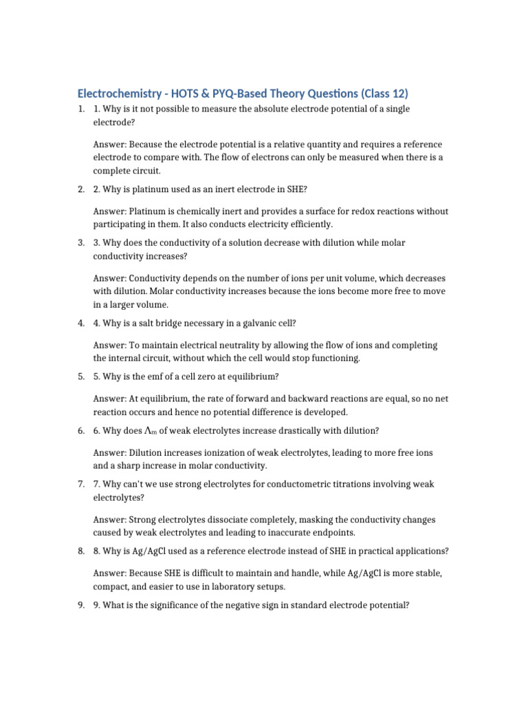 Electrochemistry Theory HOTS PYQs Class12 | PDF | Electrochemistry | Physical Chemistry