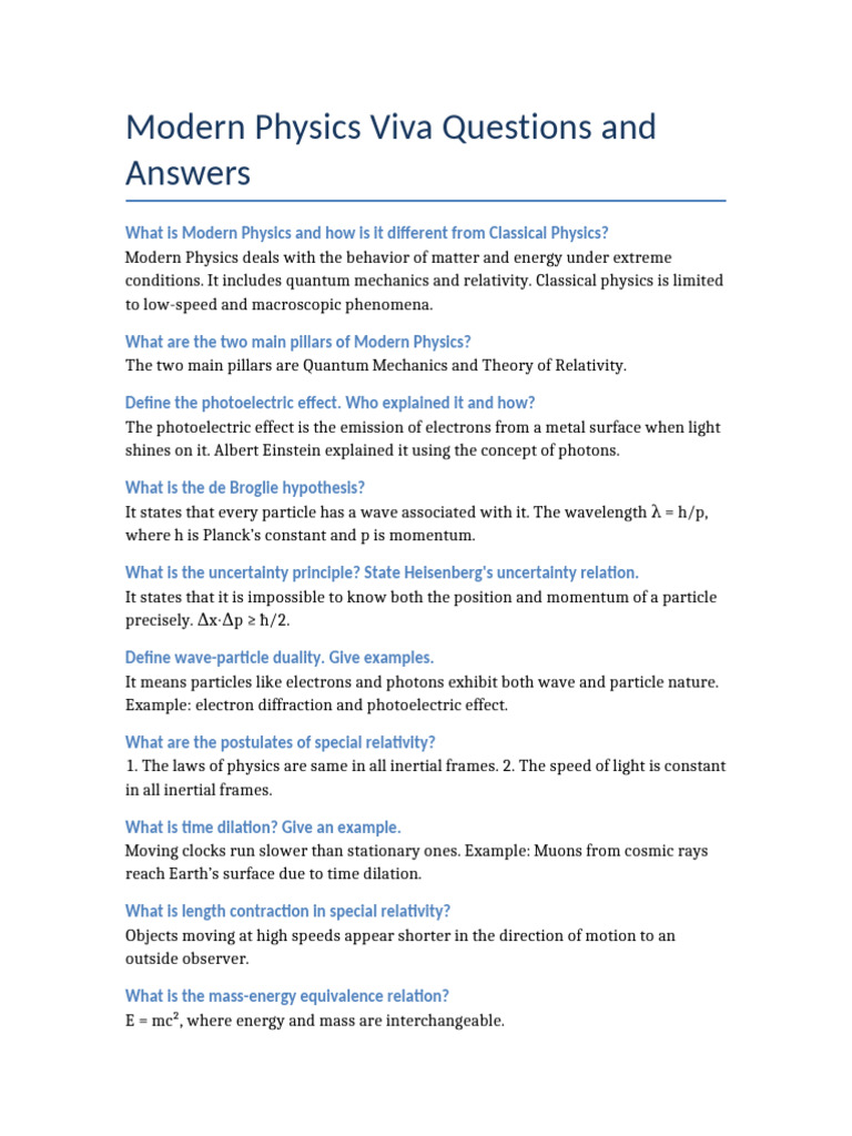 Modern Physics Viva QA Part1 | PDF