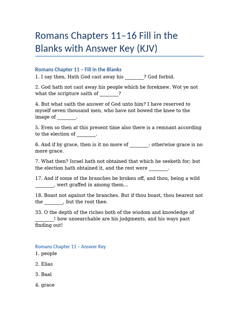 Romans 11-16 Fill-in-the-Blanks Quiz | PDF | Theology | Religious ...
