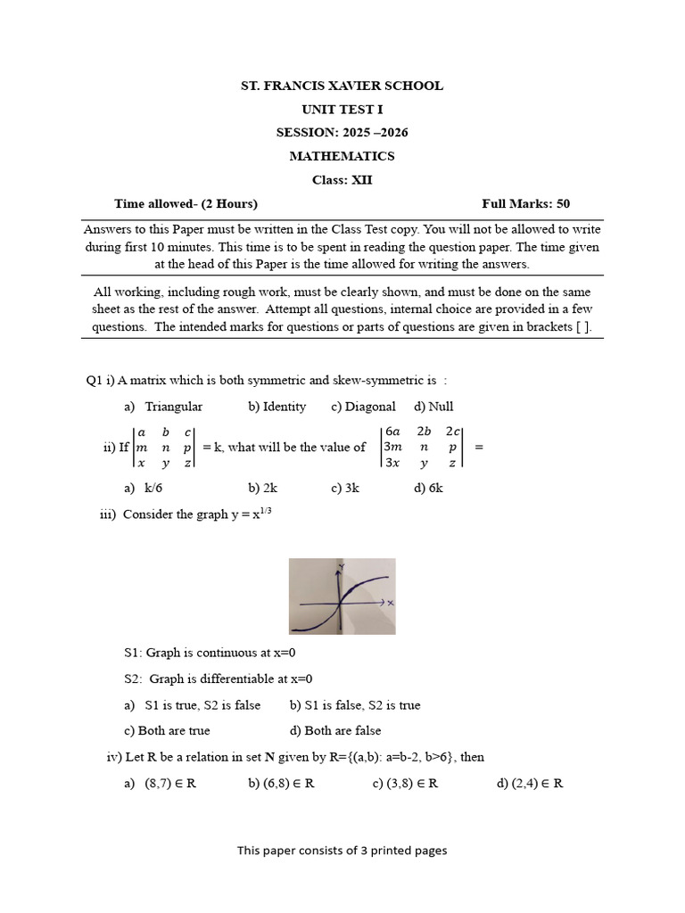 STFX Maths XII UT1!25!26 | PDF | Mathematical Physics | Mathematical Concepts
