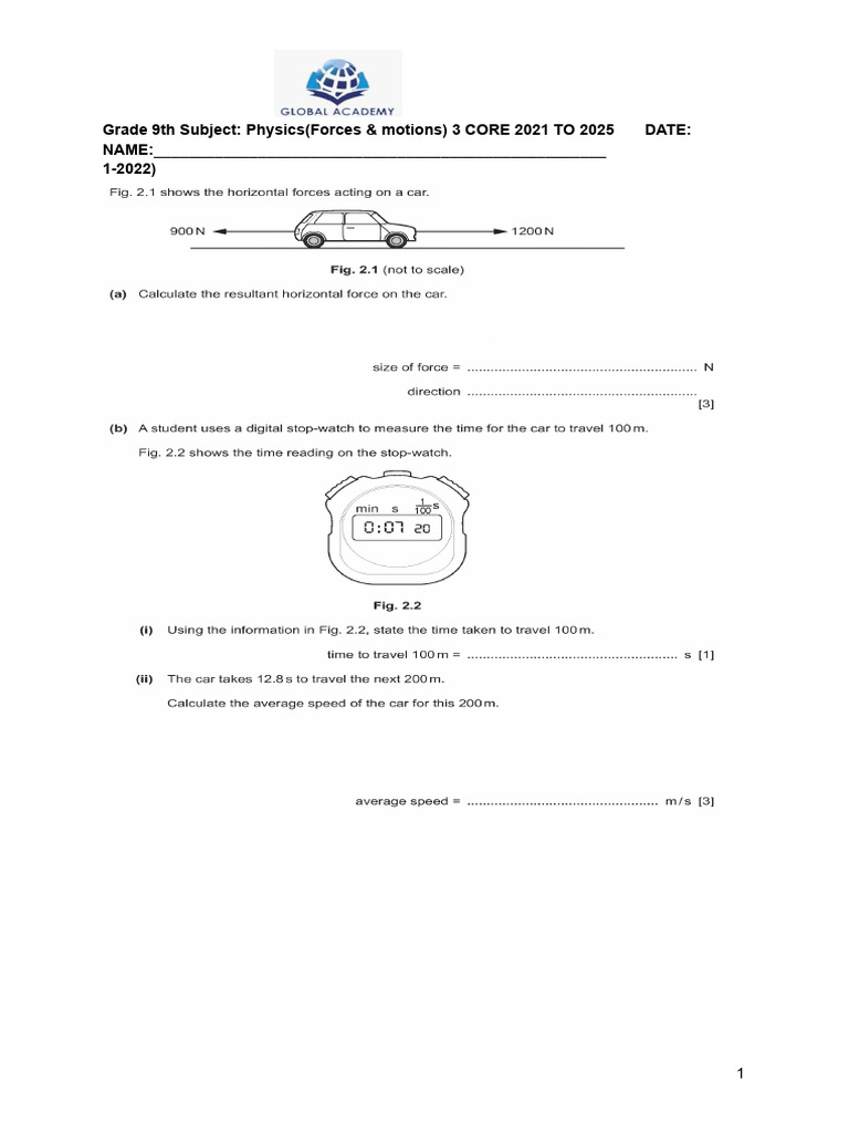 Grade 9th Subject - Physics (Forces & Motions) 3 CORE 2021 To 2025 | PDF