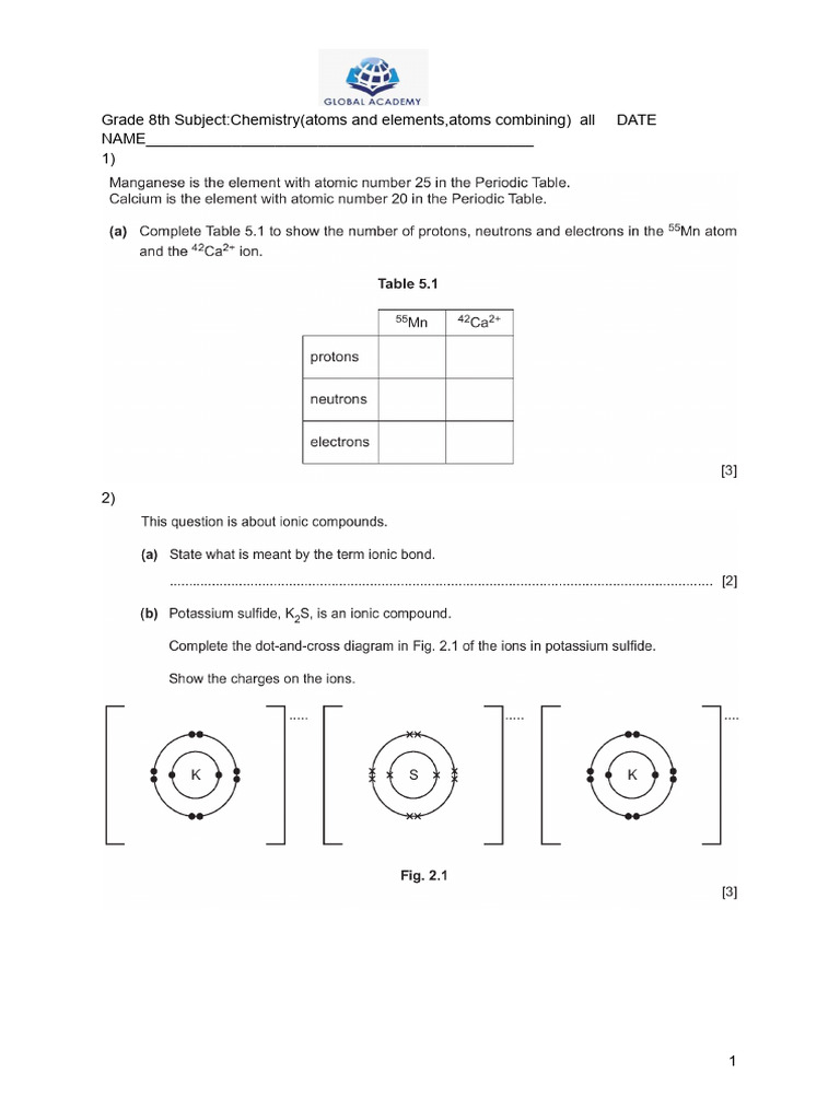 Grade 8th Subject - Chemistry (Atoms and Elements, Atoms Combining) All | PDF