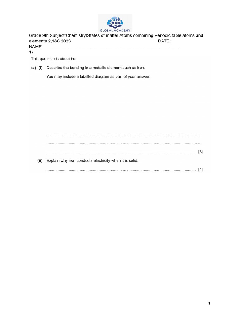 Grade 9th Subject - Chemistry (States of Matter, Atoms Combining ...