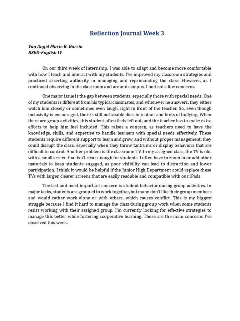 Internship Reflection: Classroom Challenges | PDF