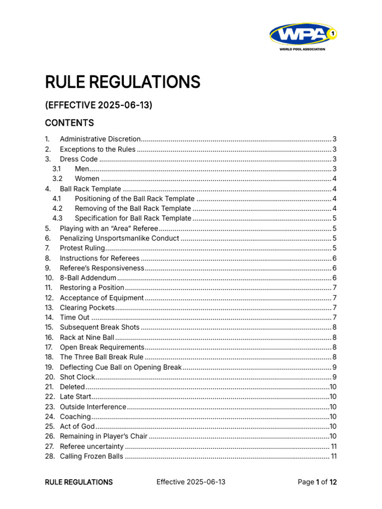 WPA Pool Regulations June-2025 | PDF | Games Of Physical Skill | Sports