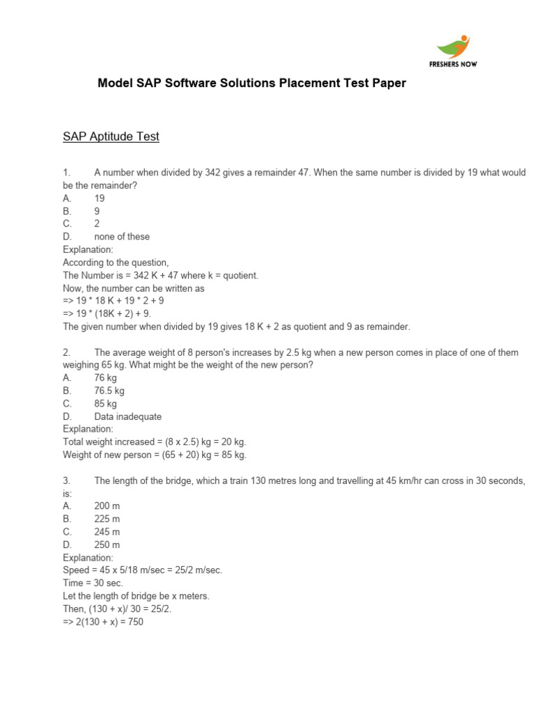 Model SAP Software Solutions Placement Test Paper | PDF | Online ...