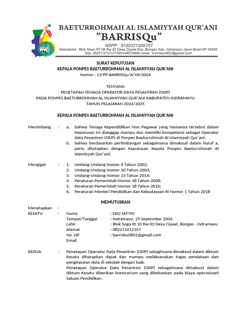 Contoh SK Operator | PDF