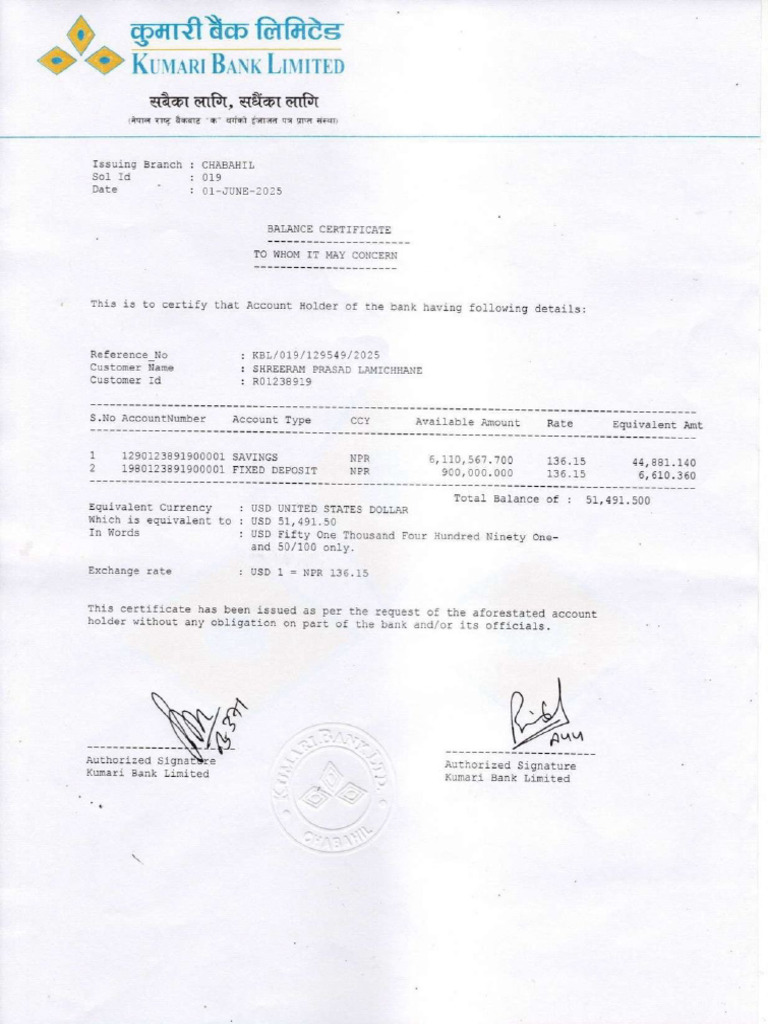Bank Balance Certificate | PDF