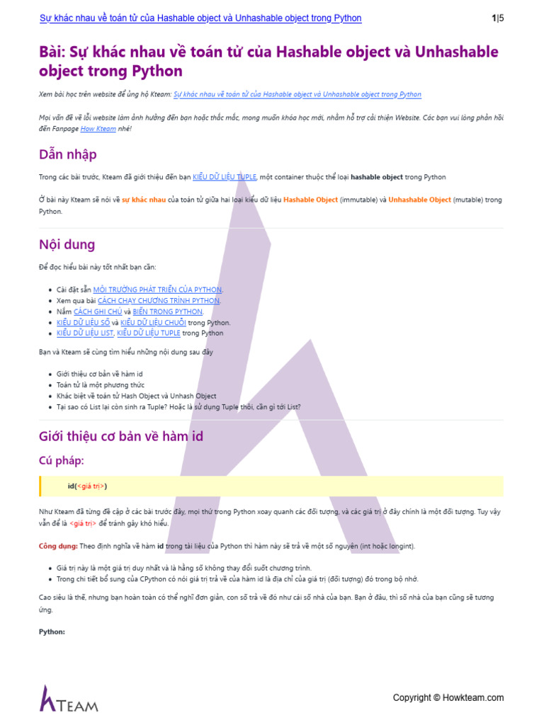 Sự Khác Nhau Về Toán Tử Của Hashable Object Và Unhashable Object Trong Python | PDF
