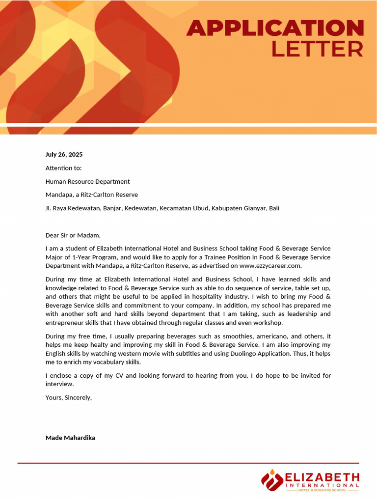Trainee Application for Food & Beverage Service | PDF