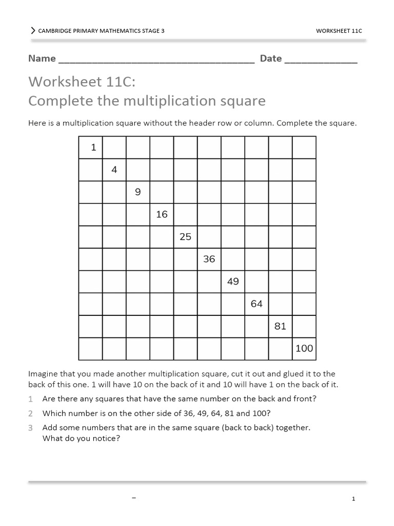 Multiplication Square Worksheet 11C | PDF