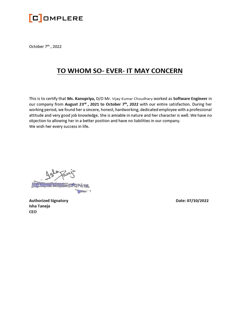 Experience Letter Kanupriya | PDF
