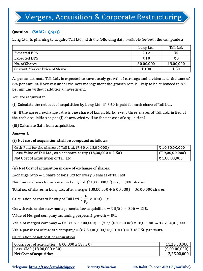Additional Questions - Merger Acquisition and CR | PDF | Mergers And Acquisitions | Stocks