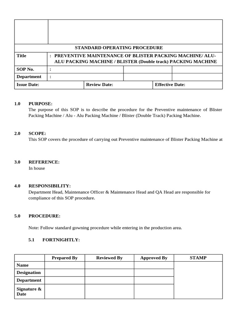Blister Packing Machine Maintenance SOP | PDF | Machines | Bearing ...