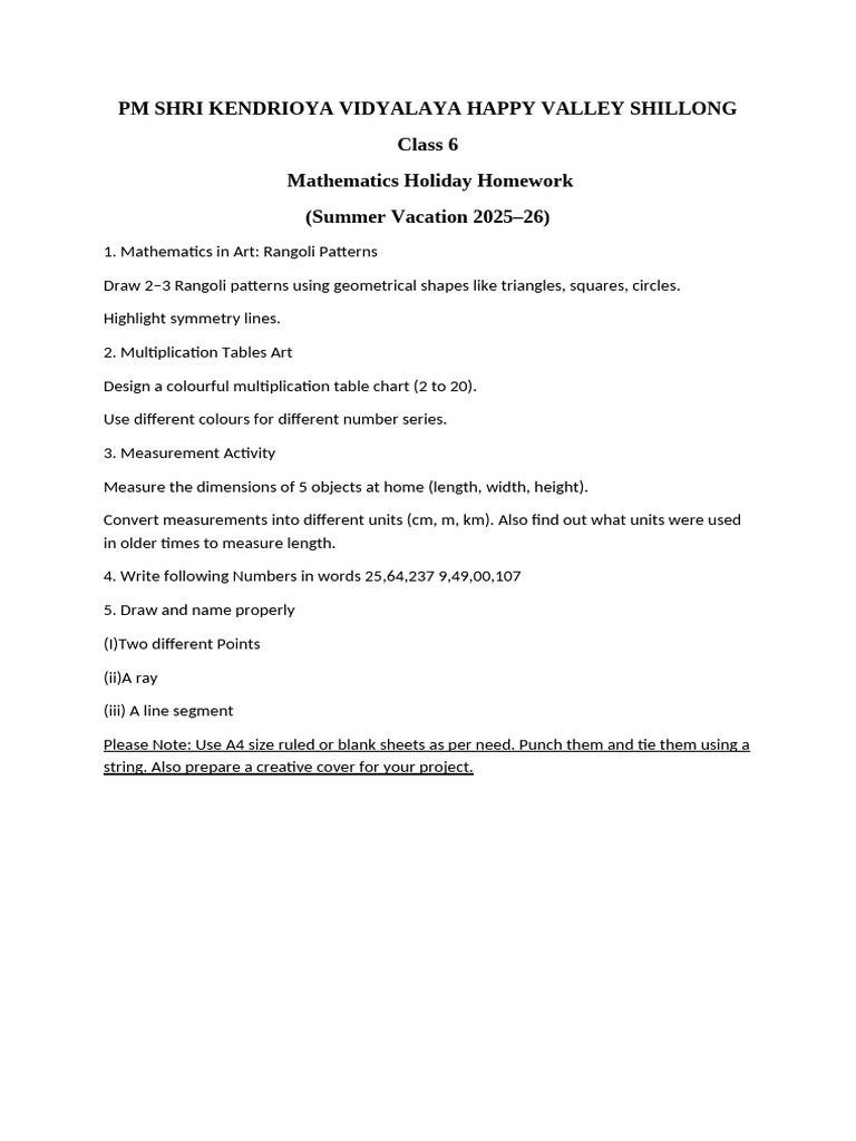 Class 6 Summer Holiday H.W 2025-26 | PDF