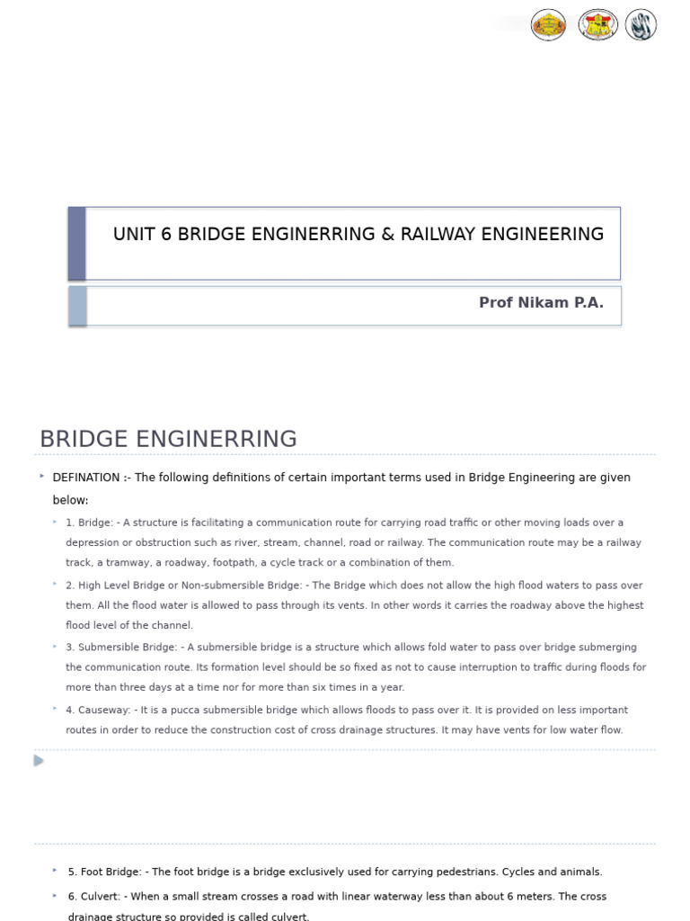 UNIT 6 Bridge and Railway Engineering | PDF | Cost Of Living | Bridge