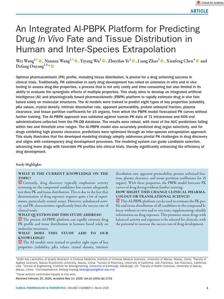 An Integrated AI-PBPK Platform For Predicting Drug in Vivo Fate and ...