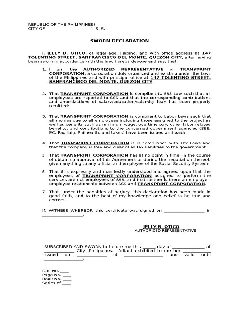 Sworn Statement of Compliance With Labor Laws - Template 3 3 | PDF ...