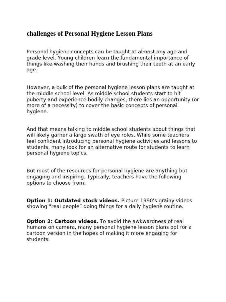 Challenges of Personal Hygiene Lesson Plans | PDF