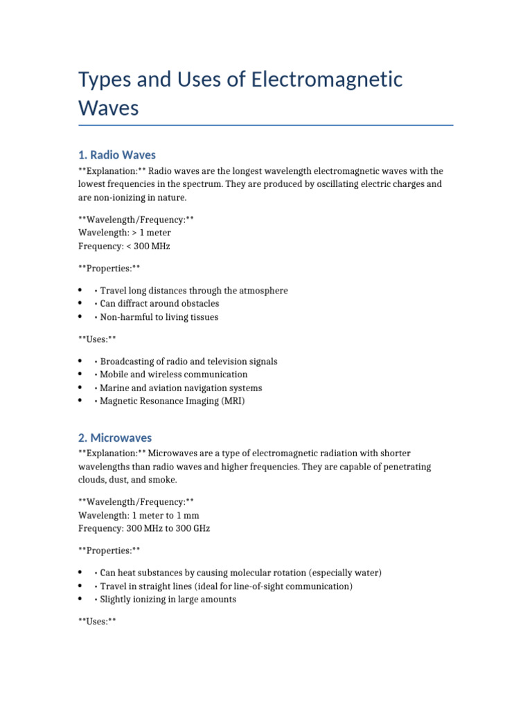 Types and Uses of EM Waves | PDF | Radio Wave | Electromagnetic Radiation