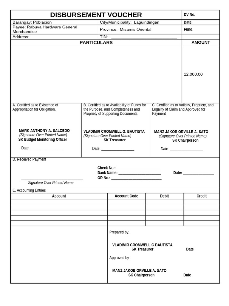 SK Voucher Sample for Disbursement | PDF | Payments | Personal Finance