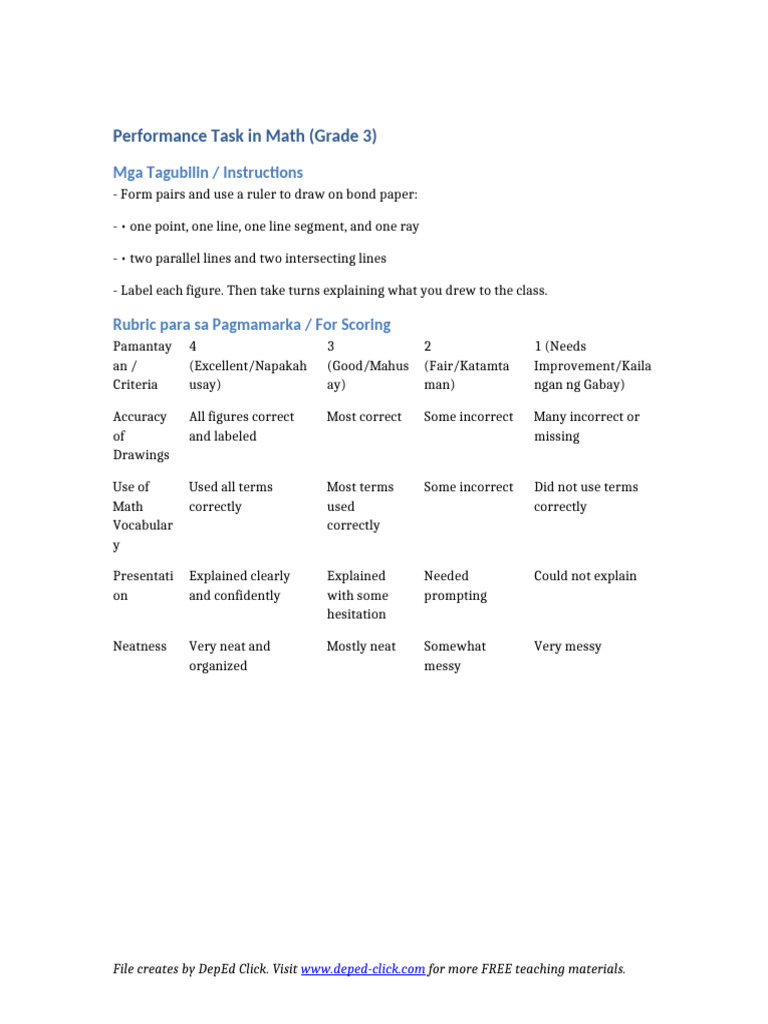 Performance Task Math Grade3 | PDF