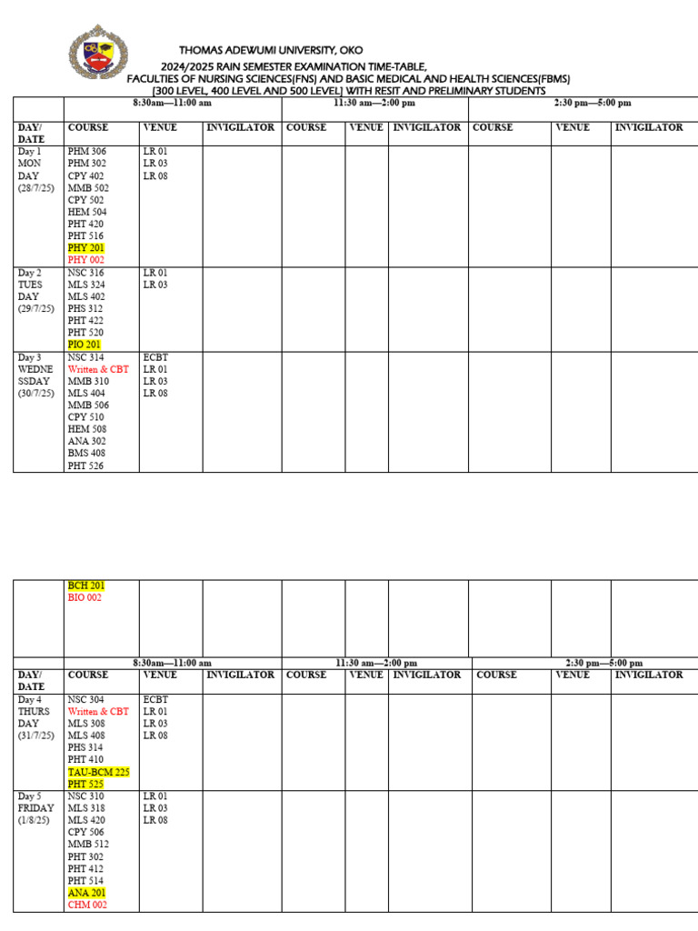 2024/2025 Exam Timetable for Nursing | PDF | Health Care