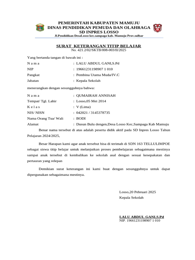 Surat Keterangan Titip Belajar 01 | PDF