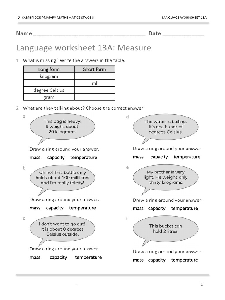 Cambridge Primary Math Stage 3 Worksheet | PDF