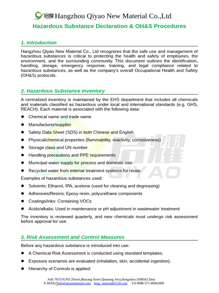 Hazardous Substance Declaration - Qiyao | PDF | Dangerous Goods | Working Conditions