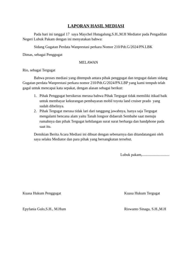 Surat Hasil Mediasi | PDF