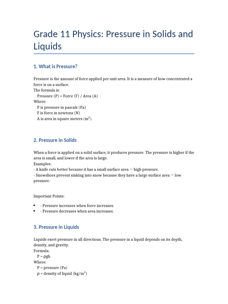 Pressure Concepts in Solids and Liquids | PDF | Pressure | Atmospheric ...