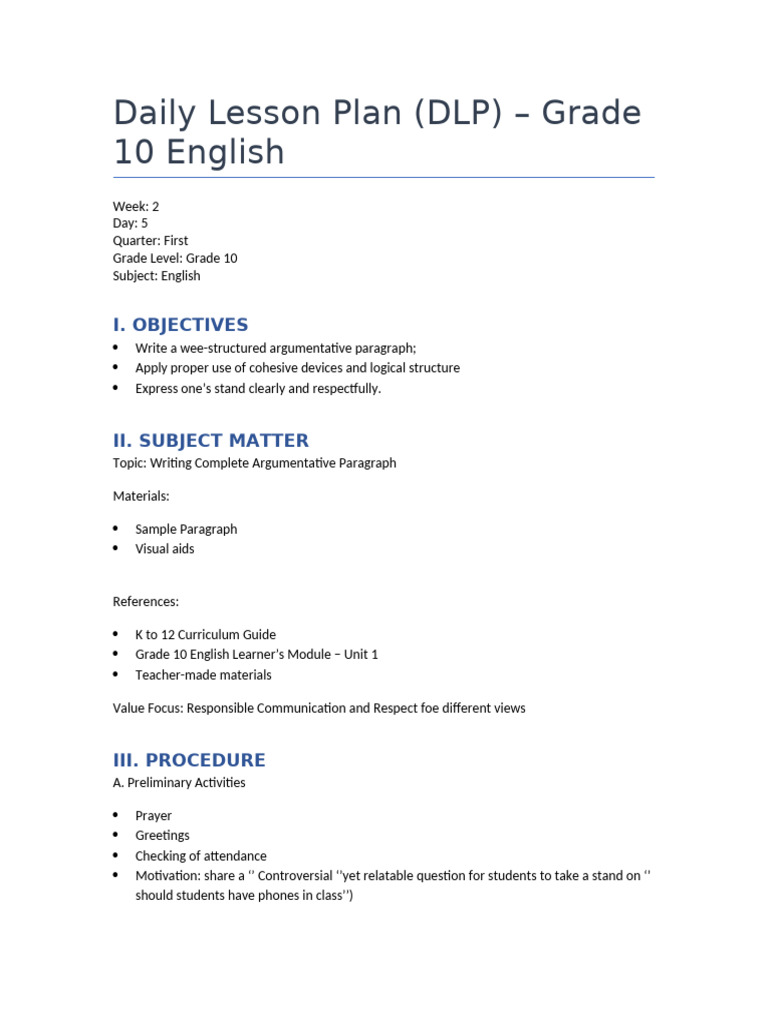 Grade 10 - English Week 2 Day 5 - DLP | PDF