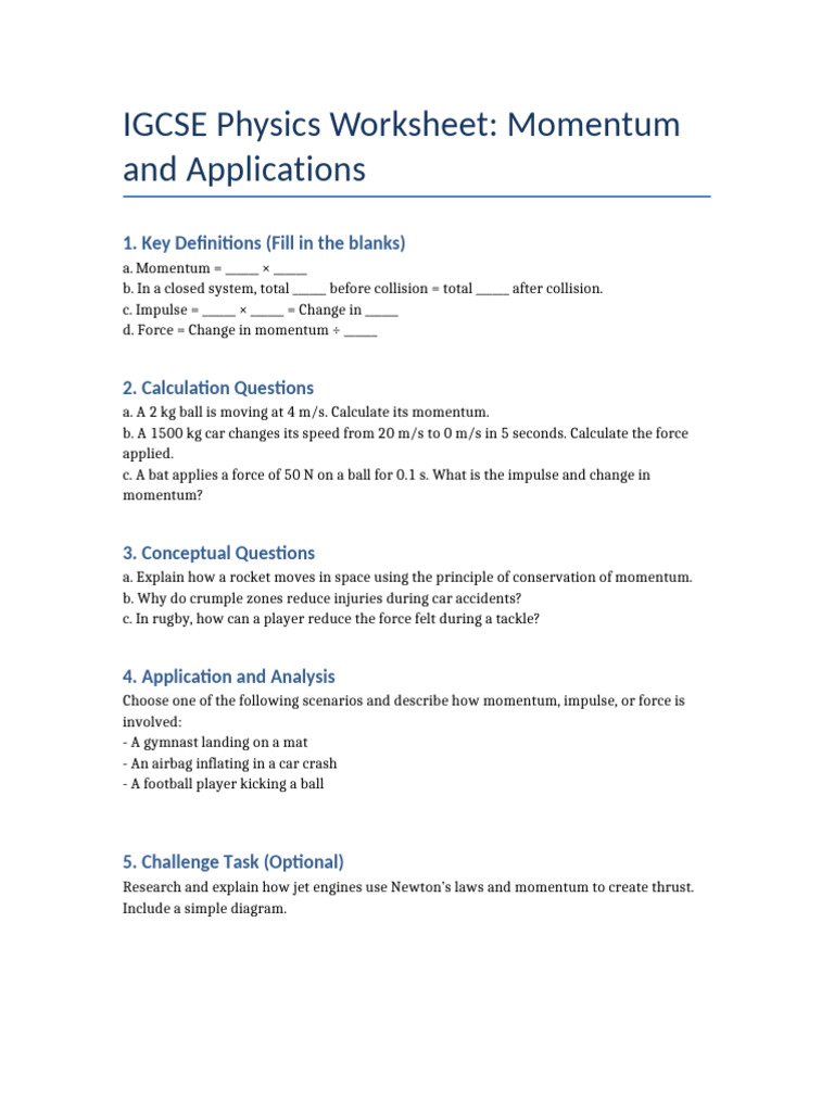 IGCSE Physics: Momentum Worksheet | PDF