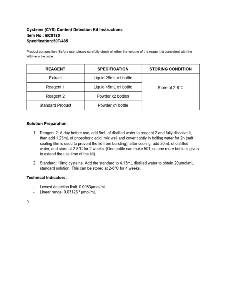Cysteine (CYS) Content Detection Kit Instructions | PDF