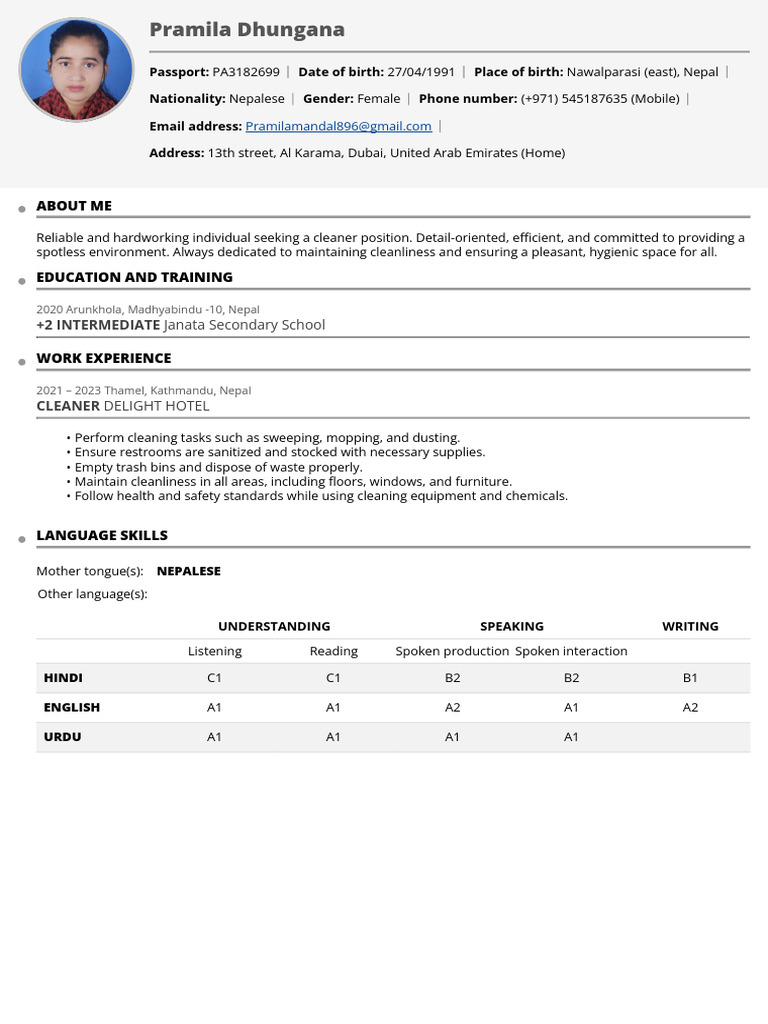 Nepalese Cleaner Resume for Dubai | PDF