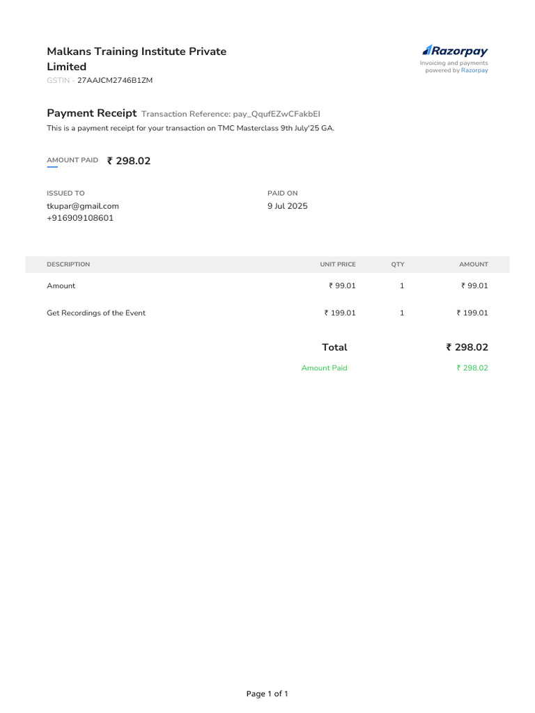 Malkans Training Course Payment Receipt | PDF
