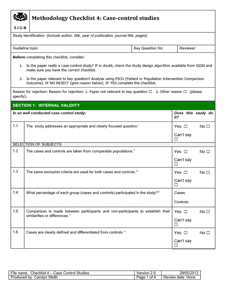 SIGN Checklist For Case Control Studies | PDF | Confounding | Methodology
