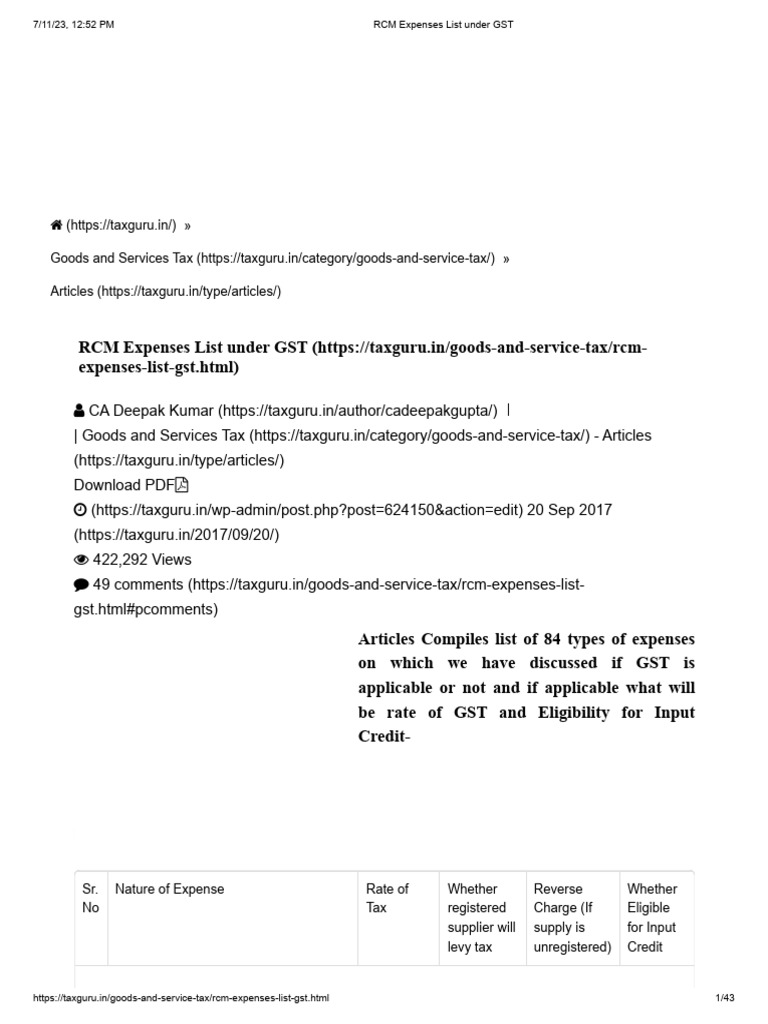 RCM Expenses List Under GST | PDF | Taxes | Debits And Credits
