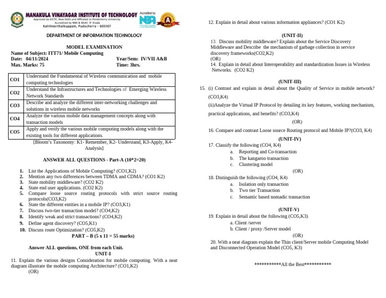 Mobile Computing Model Exam Paper | PDF | Computing | Network Architecture