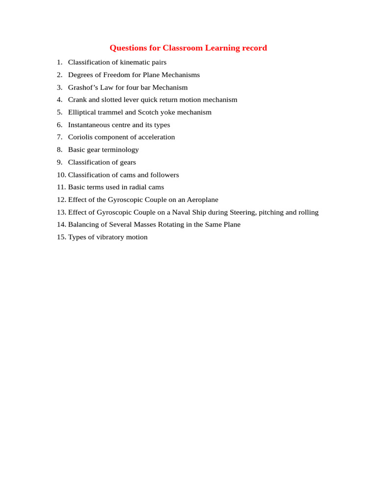 Questions For Classroom Learning Record | PDF