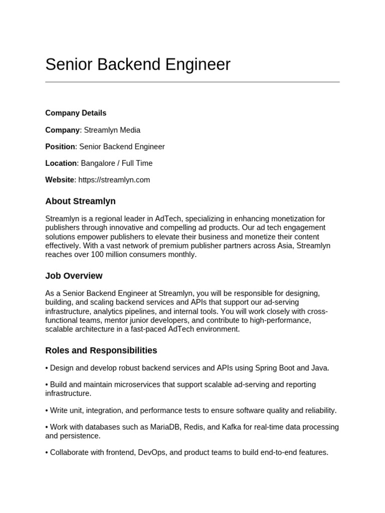 JD - Senior Backend Engineer | PDF | Computing | Information Technology