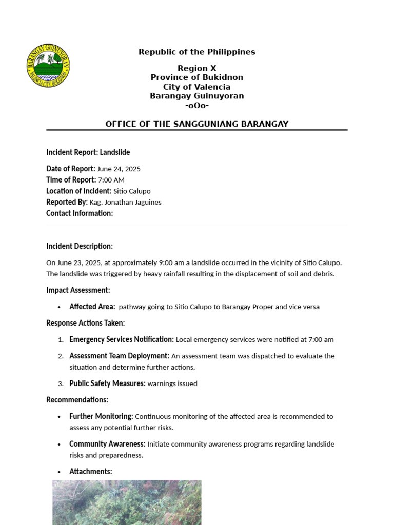 Valencia Barangay Landslide Incident Report | PDF