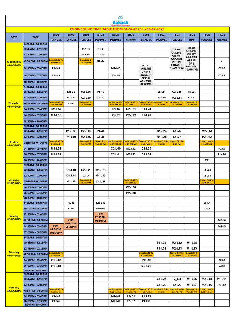 Engineering Time Table - 2nd-July To 9th-July-2025 | PDF