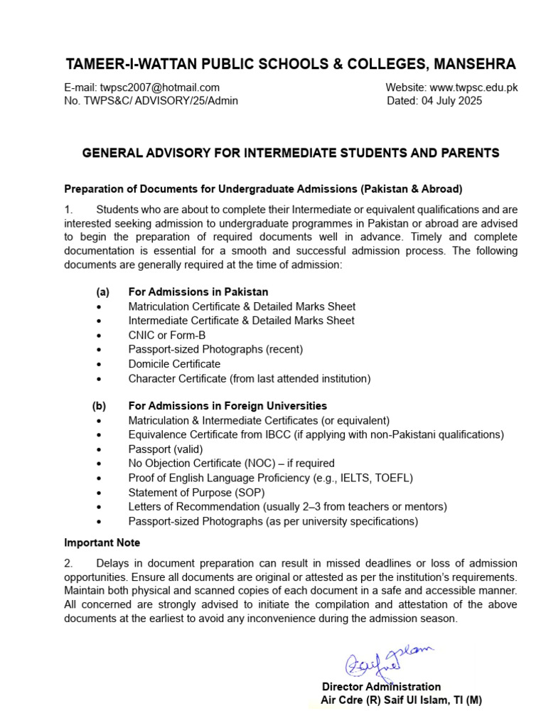 General Advisory (For Intermediate Students and Parents) | PDF