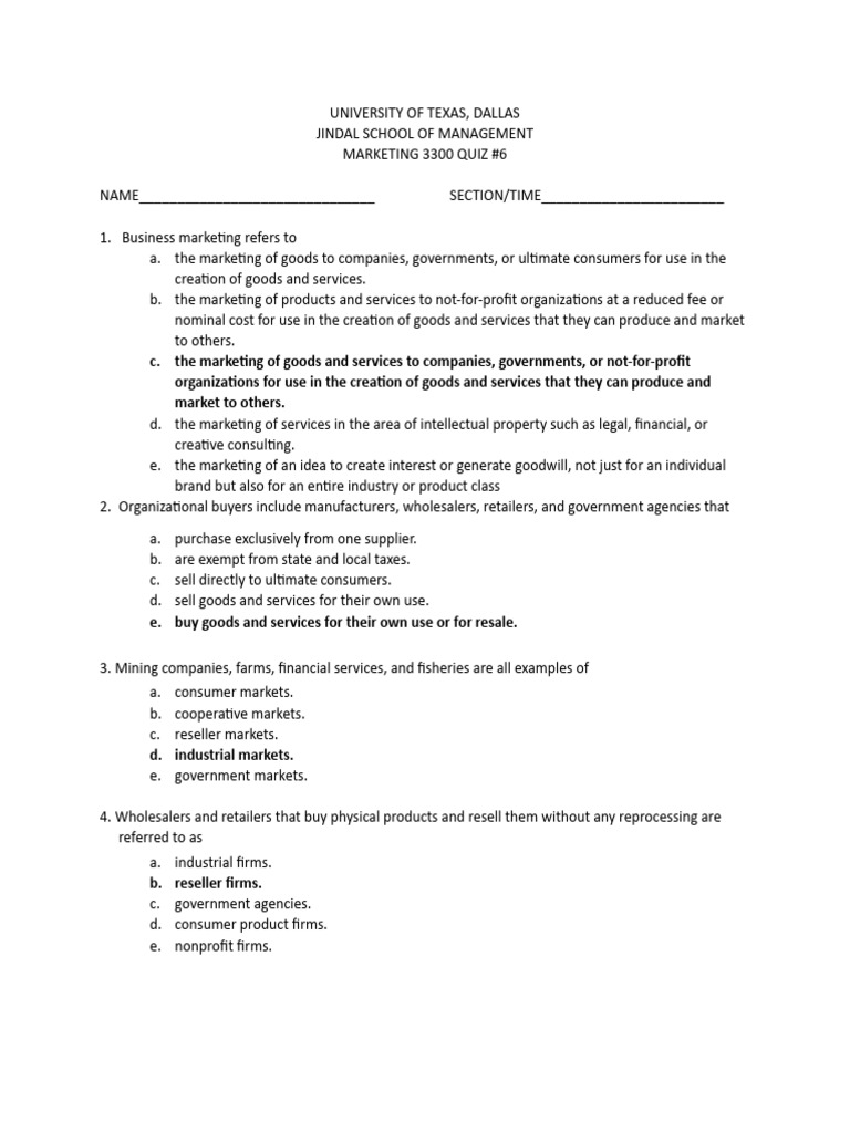 Marketing 3300 Quiz #6KEY | PDF | Demand | Economics