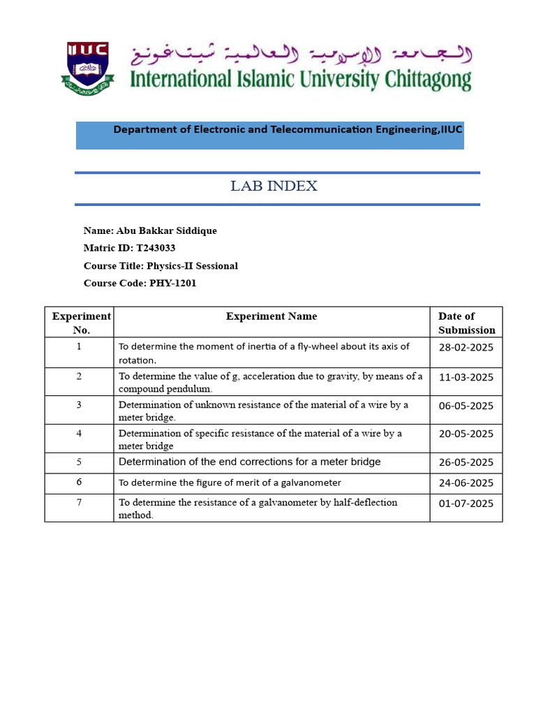 Physics-II Lab Experiments Index | PDF